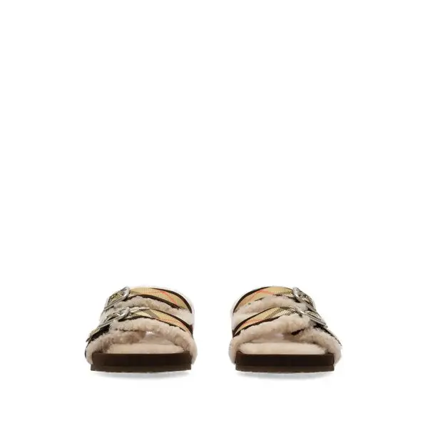 Burberry Embossed Check Shearling Lined Suede Sandals - Brown