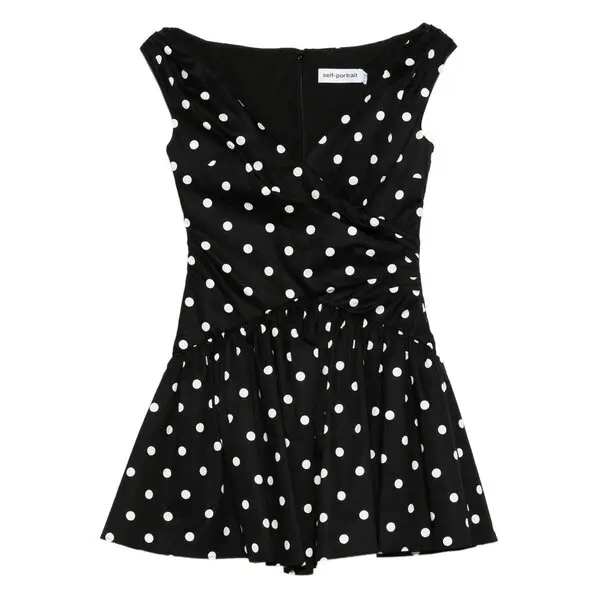 SELF-PORTRAIT Polka Dot V-neck Sleeveless Dress - Black
