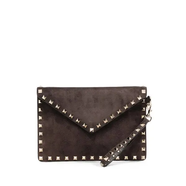 Valentino Garavani Suede Rockstud Clutch With Detachable Wrist Strap - Brown