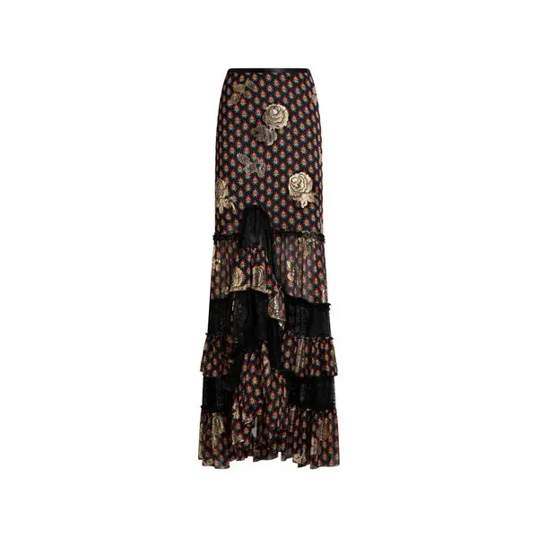 Etro And Multicolour Roses Motif Tiered Maxi Skirt - Black