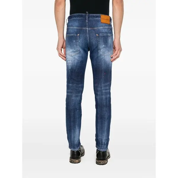 Dsquared2 Dark Denim Tapered Jeans With Paint Splatter Detail - Blue