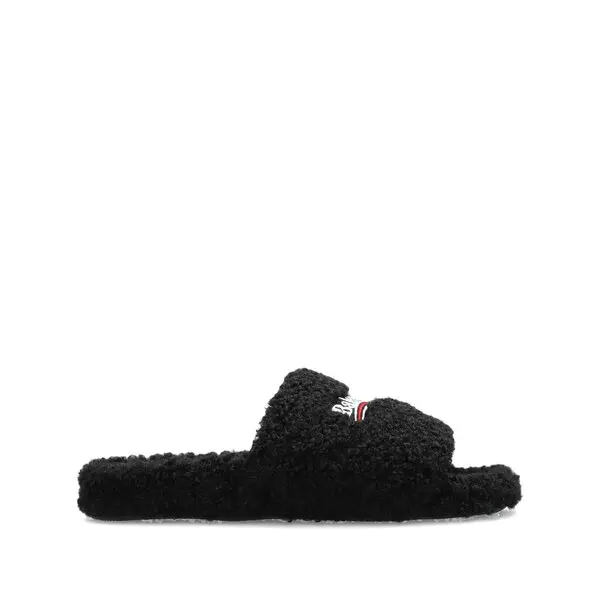 Balenciaga Embroidered Logo Textured Slip-on Slides - Black