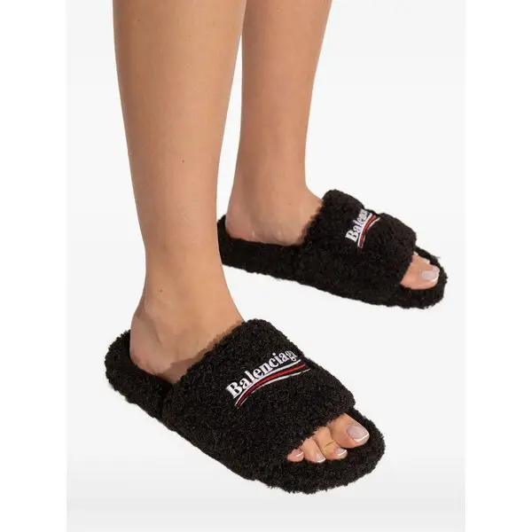 Balenciaga Embroidered Logo Textured Slip-on Slides - Black