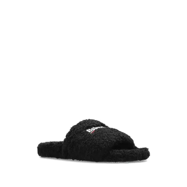 Balenciaga Embroidered Logo Textured Slip-on Slides - Black