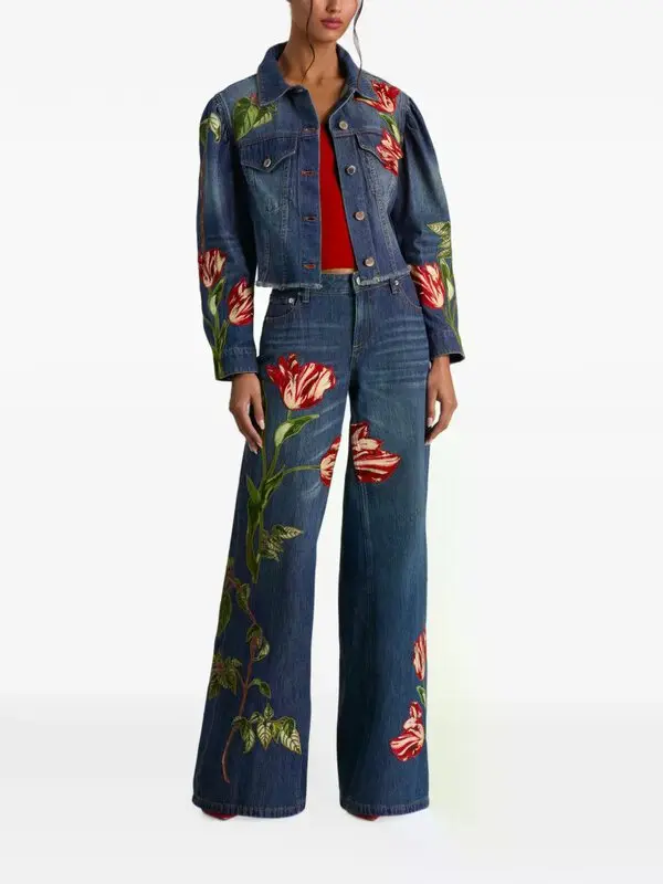 Alice + Olivia Floral Embroidered Wide-leg Jeans