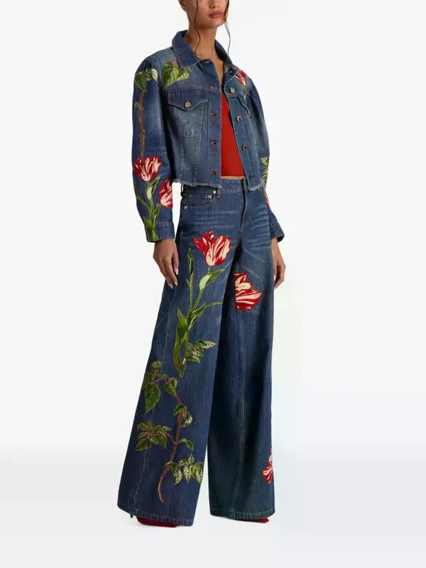 Alice + Olivia Floral Embroidered Wide-leg Jeans