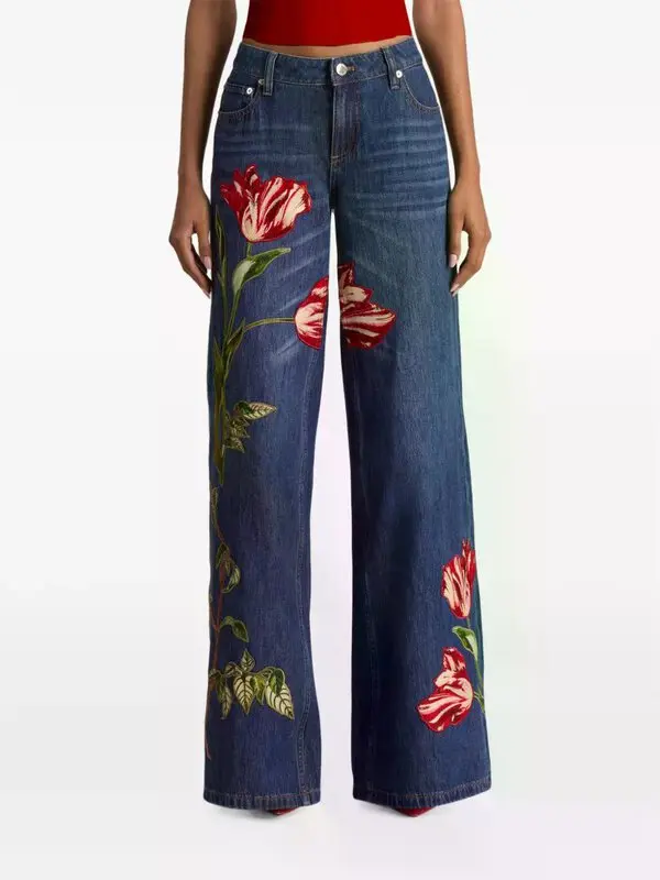 Alice + Olivia Floral Embroidered Wide-leg Jeans