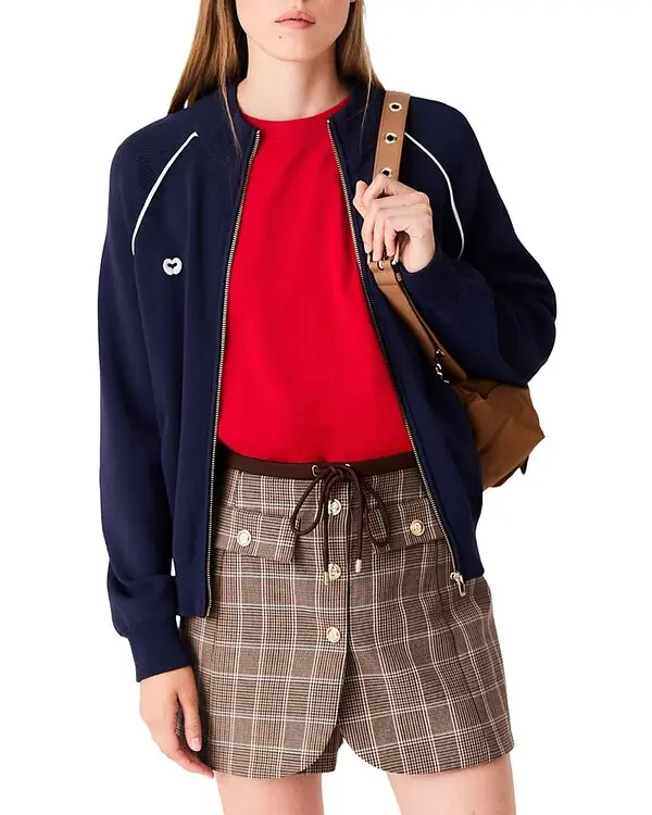 Maje Contrast Trim Zippered Cardigan - Navy