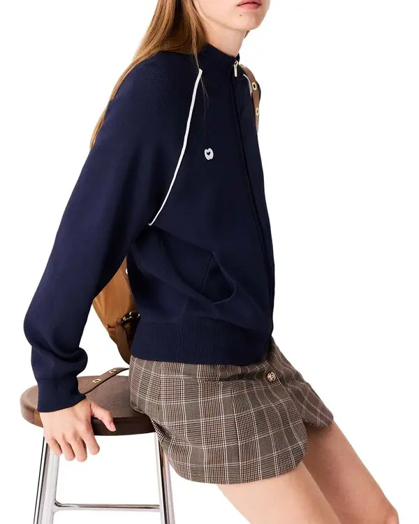 Maje Contrast Trim Zippered Cardigan