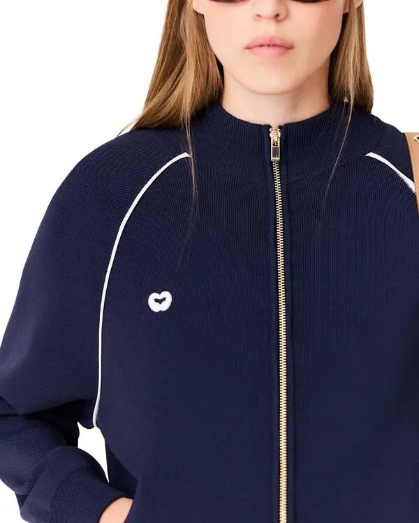 Maje Contrast Trim Zippered Cardigan