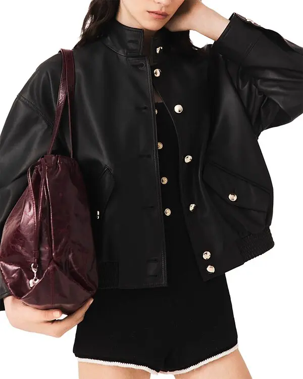 Maje Leather Funnel Neck Jacket