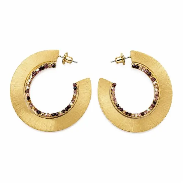 RARE MATTERS JEWELRY Brushed Metal Hoop Statement Earrings With Color Rhinestones - Gold