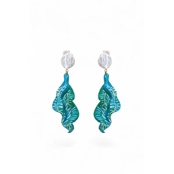 SUNSET MAGIC STUDIO Blue / Green Auren Pearl & Leaf Dangle Earrings - Blue/green