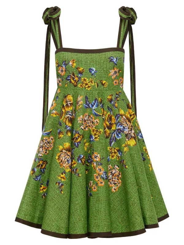 ALEMAIS Floral Linen Babydoll Sundress - Verde