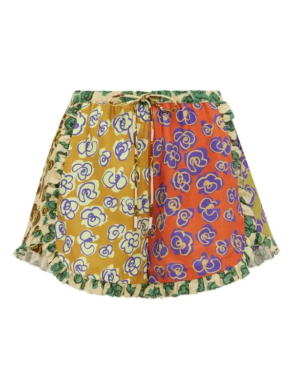 ALEMAIS Curved Hem Mini Shorts With Drawstring Waist And Contrast Ruffle - Multicolor