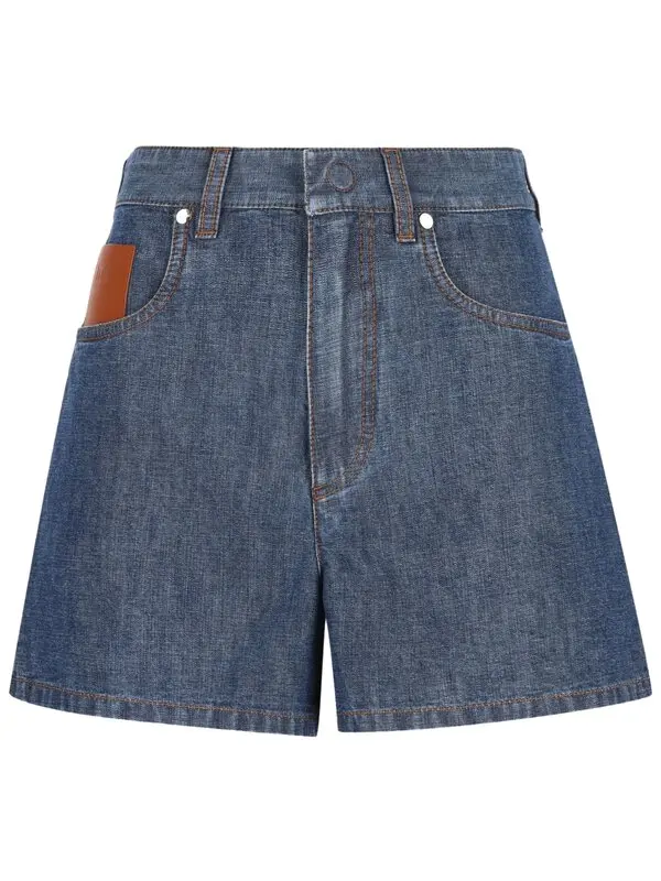Fendi Appliqué Cotton Denim High-waist Shorts With Leather Logo Patch - Navy