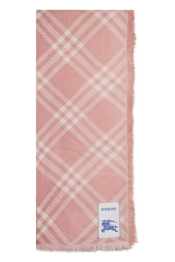 Burberry Silk & Wool Scarf With White Plaid Pattern, 200 X 65 Cm - Pink