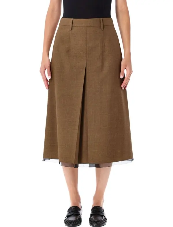 Prada Virgin Wool Midi Skirt With Sheer Chiffon Hem And Inverted Pleat - Tobacco