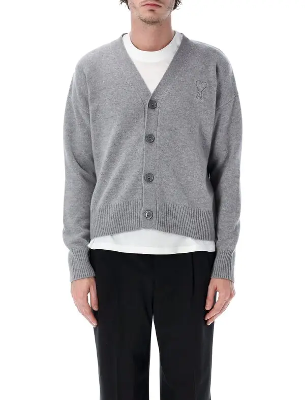 AMI Paris V-neck Wool-cashmere Cardigan - Grigio