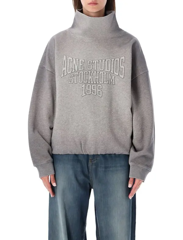 Acne Studios Brushed Cotton Fleece Funnel Neck Logo Sweatshirt With Balloon Hem - Grigio
