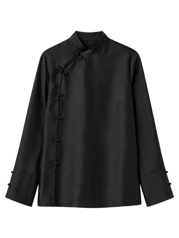 RÓHE Silk Mandarin Collar Top With Asymmetrical Knot Front - Black