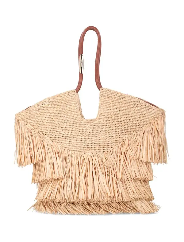 Zimmermann Goldentime Handwoven Raffia Handbag With Fringed Surf-inspired Design - Beige