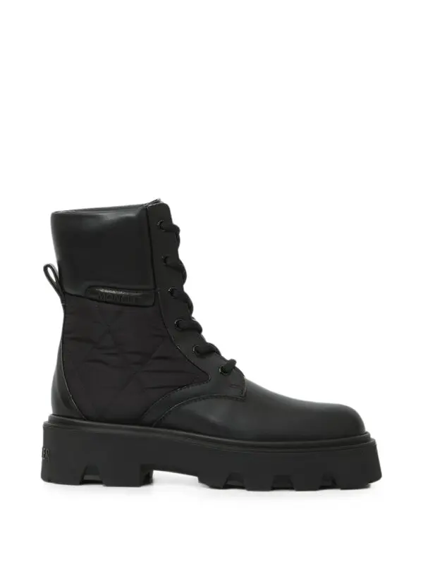 Moncler Leather Ankle Boots With Quilted Nylon Inserts And Lace-up Closure - Nero