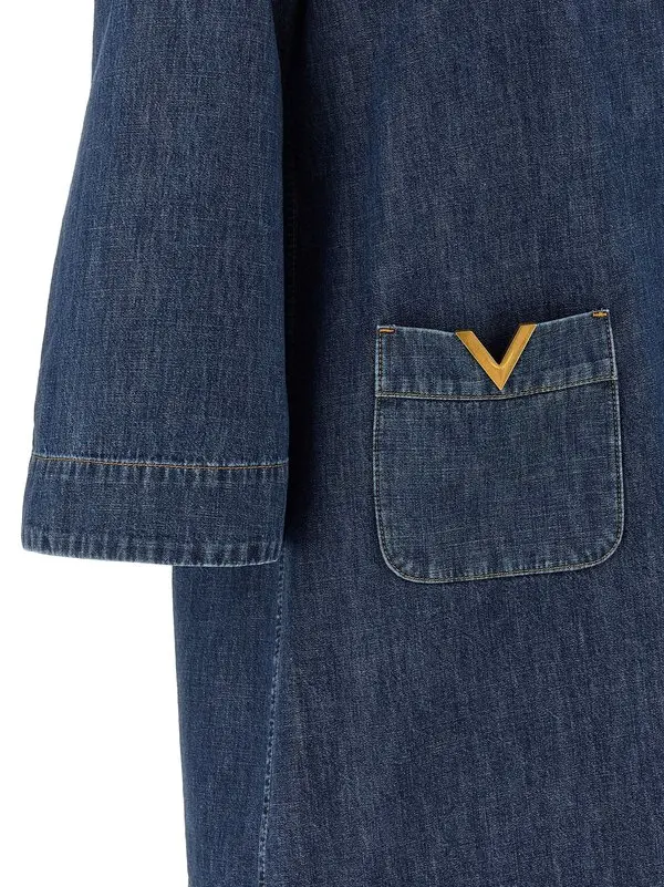 Valentino Garavani Denim Dress With Vgold Pockets - Blue