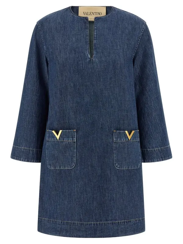 Valentino Garavani Denim Dress With Vgold Pockets - Blue