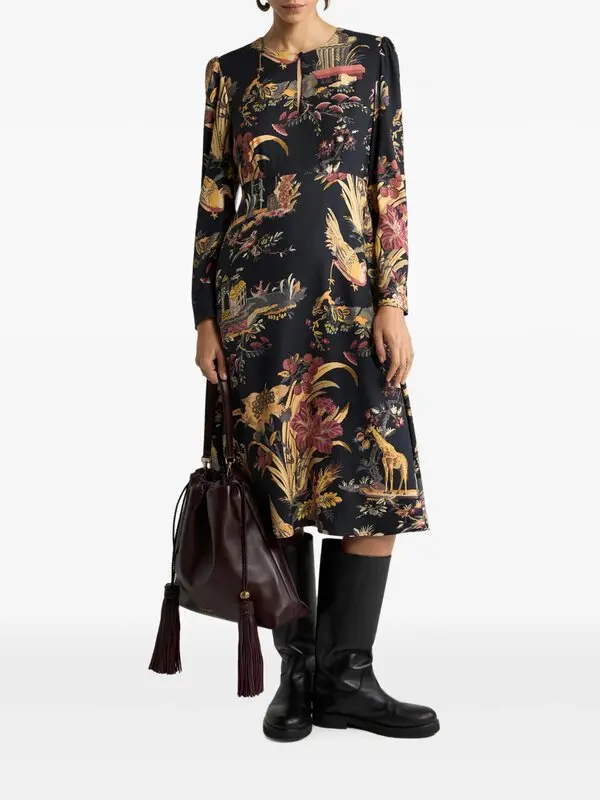 Etro Crepe Midi Dress With Floral And Animal Motif - Blue