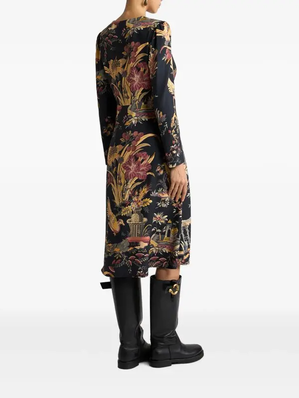 Etro Crepe Midi Dress With Floral And Animal Motif - Blue