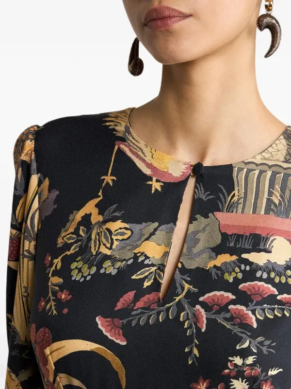 Etro Crepe Midi Dress With Floral And Animal Motif - Blue