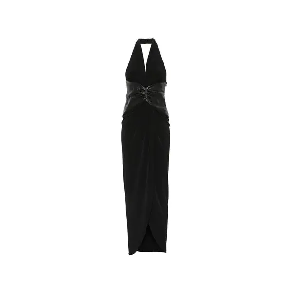 Andamane Halterneck Dress With Leather Paneling And Ruched Detailing - Black