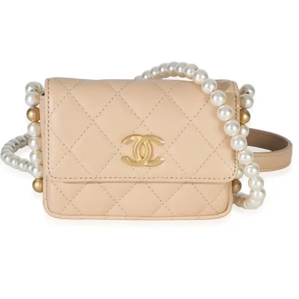 Chanel Quilted Calfskin Card Holder With Pearl Chain - Beige