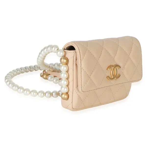 Chanel Quilted Calfskin Card Holder With Pearl Chain