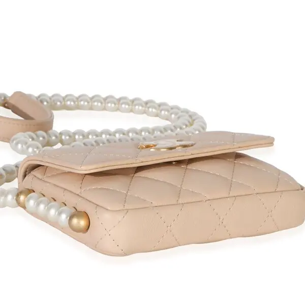 Chanel Quilted Calfskin Card Holder With Pearl Chain