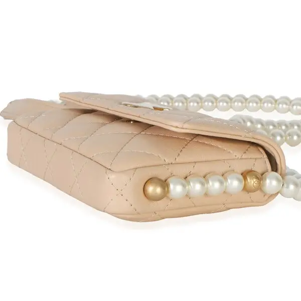 Chanel Quilted Calfskin Card Holder With Pearl Chain