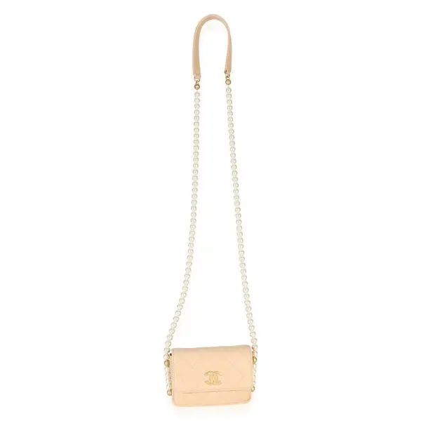 Chanel Quilted Calfskin Card Holder With Pearl Chain