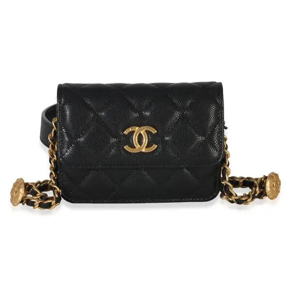 Chanel Quilted Caviar Twist Coin Purse With Chain - Black