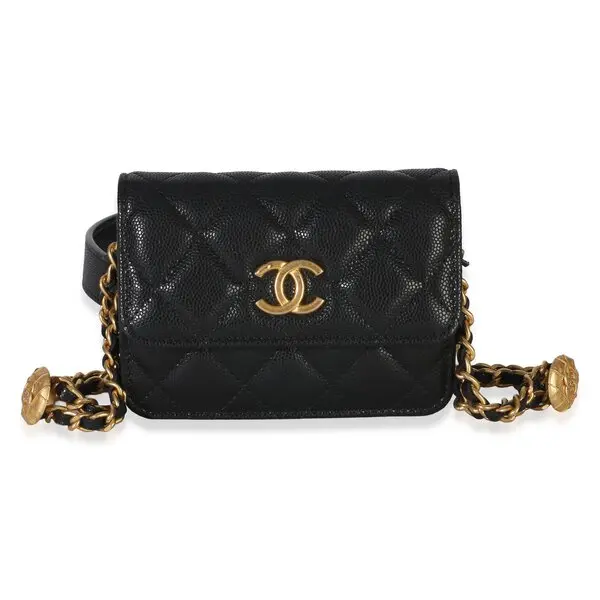 Chanel Quilted Caviar Twist Coin Purse With Chain - Black