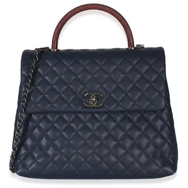 Chanel Navy Quilted Caviar Lizard Coco Top Handle Bag - Blue