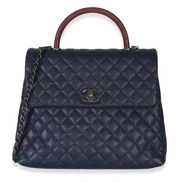 Chanel Quilted Caviar Lizard Top Handle Bag - Blue