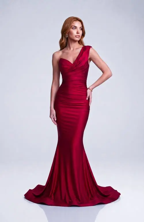 JESSICA ANGEL Ruched Long Sleeve Slit Mermaid Gown - Red