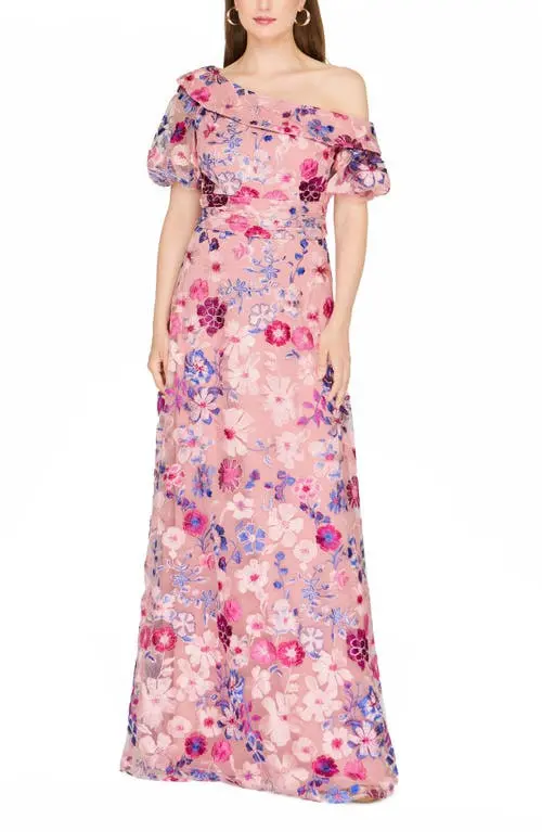 Js Collections Marigold Embroidered One-shoulder Puff Sleeve Gown - Rose Multi