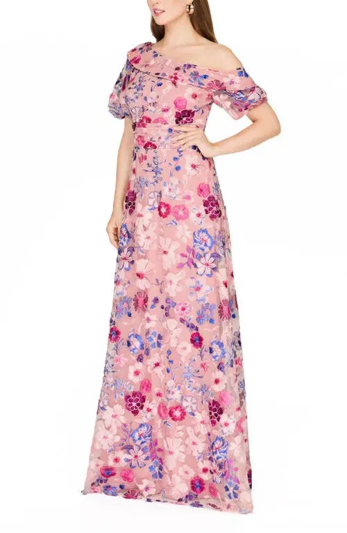 Js Collections Marigold Embroidered One-shoulder Puff Sleeve Gown