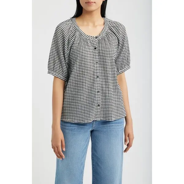 Bobeau Check Front Button Top - White/black