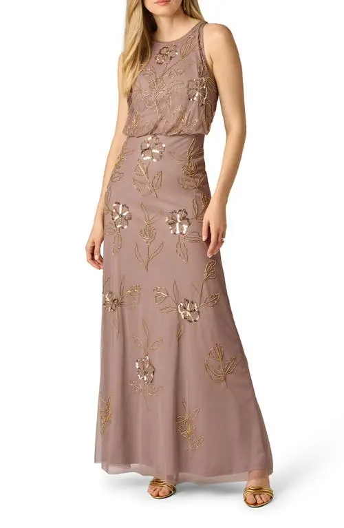 Adrianna Papell Beaded Floral Sleeveless Blouson Bodice Gown - Stone