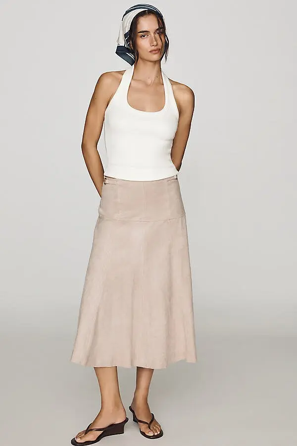 Maeve Twyla Paneled Faux Suede Midi Skirt