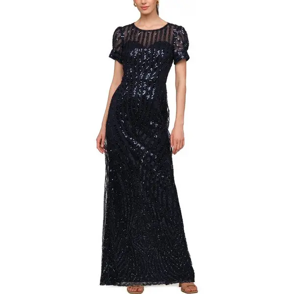 Js Collections Ivetta Sequin Stripe Illusion Neck Column Gown