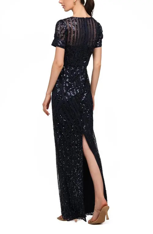 Js Collections Ivetta Sequin Stripe Illusion Neck Column Gown